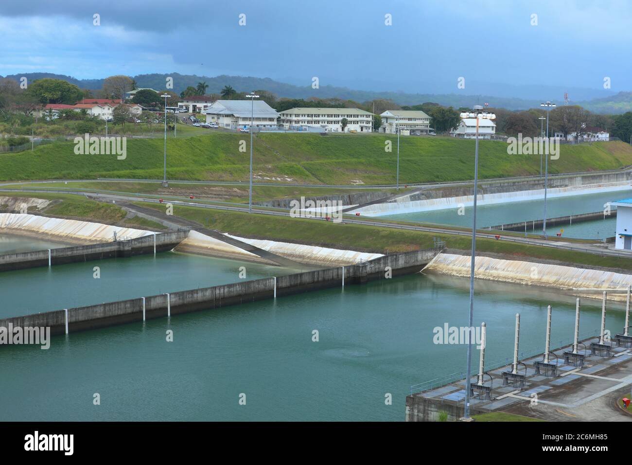 The first lock of the Panama canal from the Pacific ocean. The gateway ...