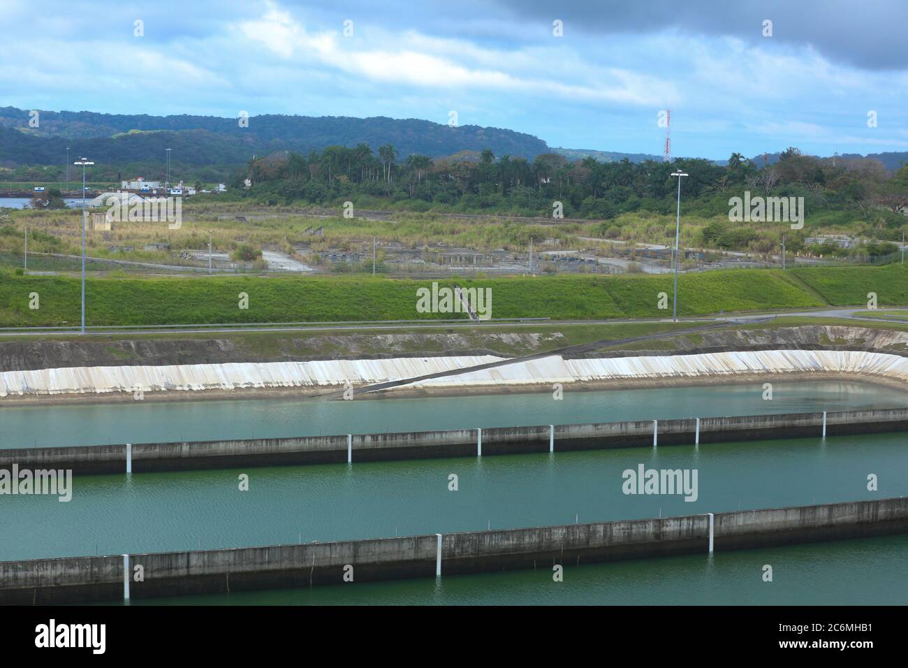 The first lock of the Panama canal from the Pacific ocean. The gateway ...