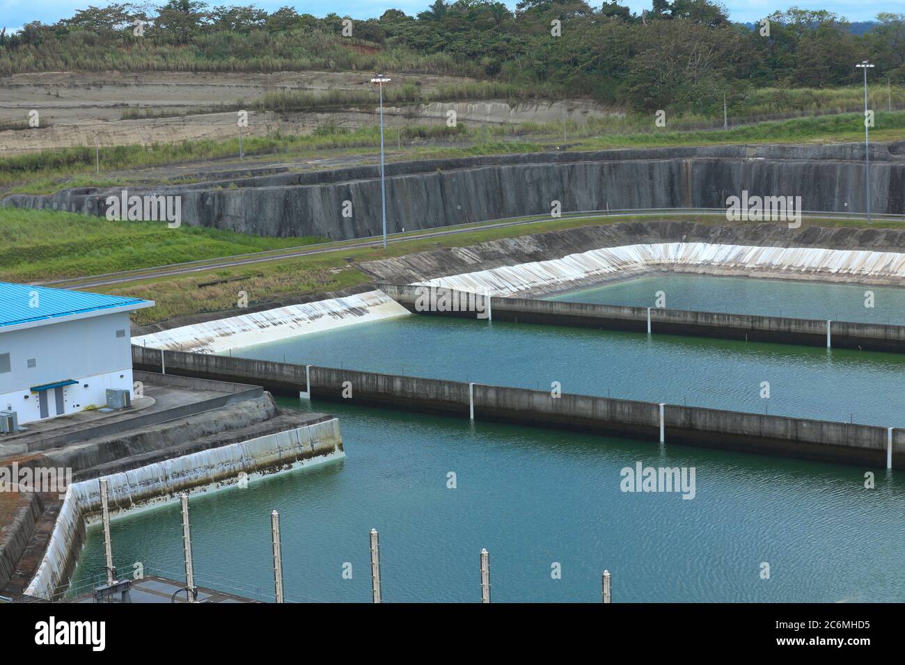 The first lock of the Panama canal from the Pacific ocean. The gateway ...
