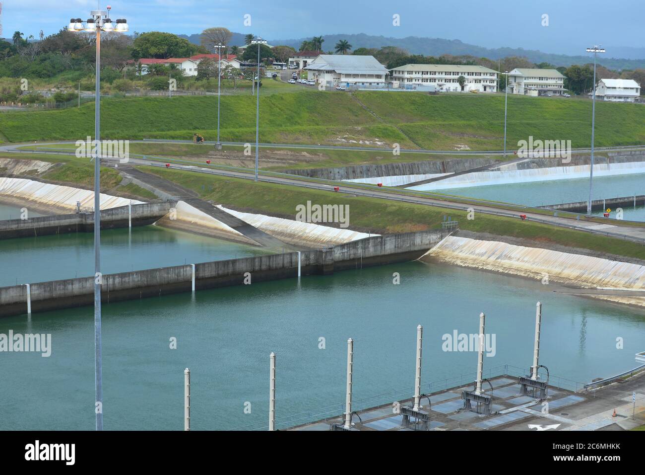 The first lock of the Panama canal from the Pacific ocean. The gateway ...