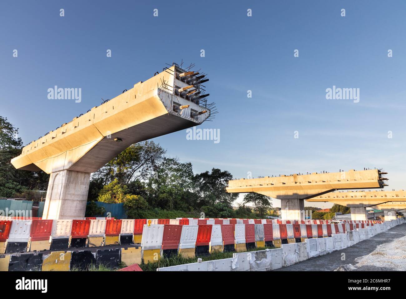 Construction of highway overpass bridge infrastructure in progress with ...