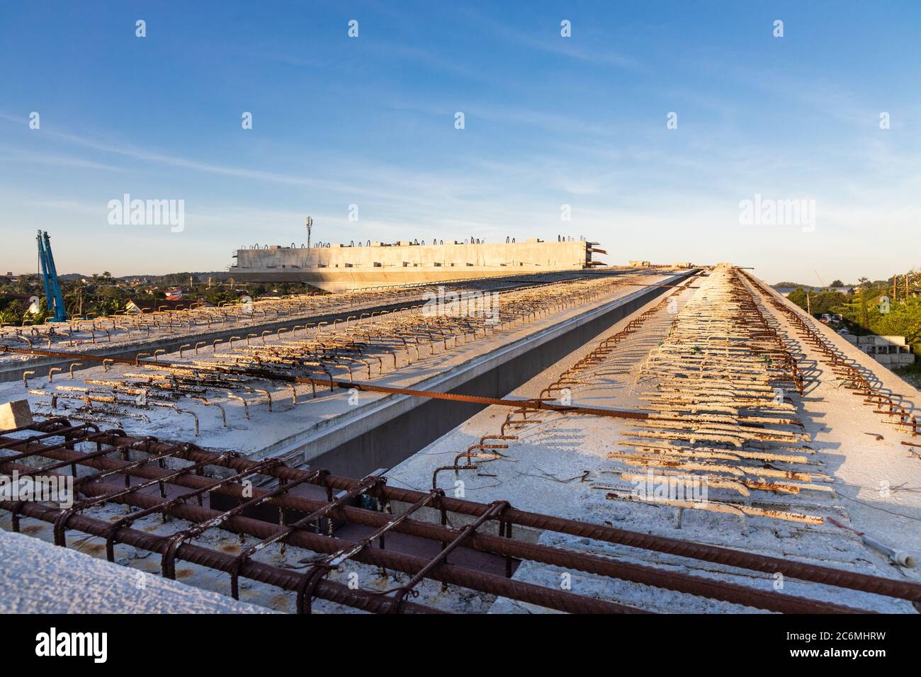 Rebar metal of bridge surface under construction with morning sun Stock ...