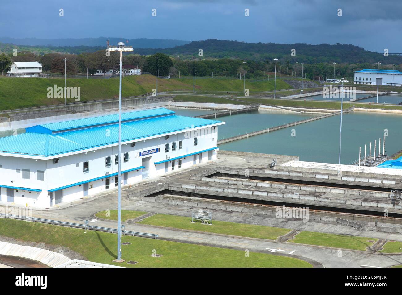 The first lock of the Panama canal from the Pacific ocean. The gateway ...