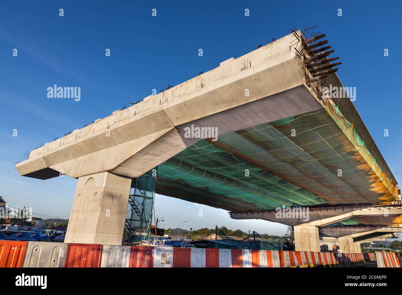 Construction of highway overpass bridge infrastructure in progress with ...
