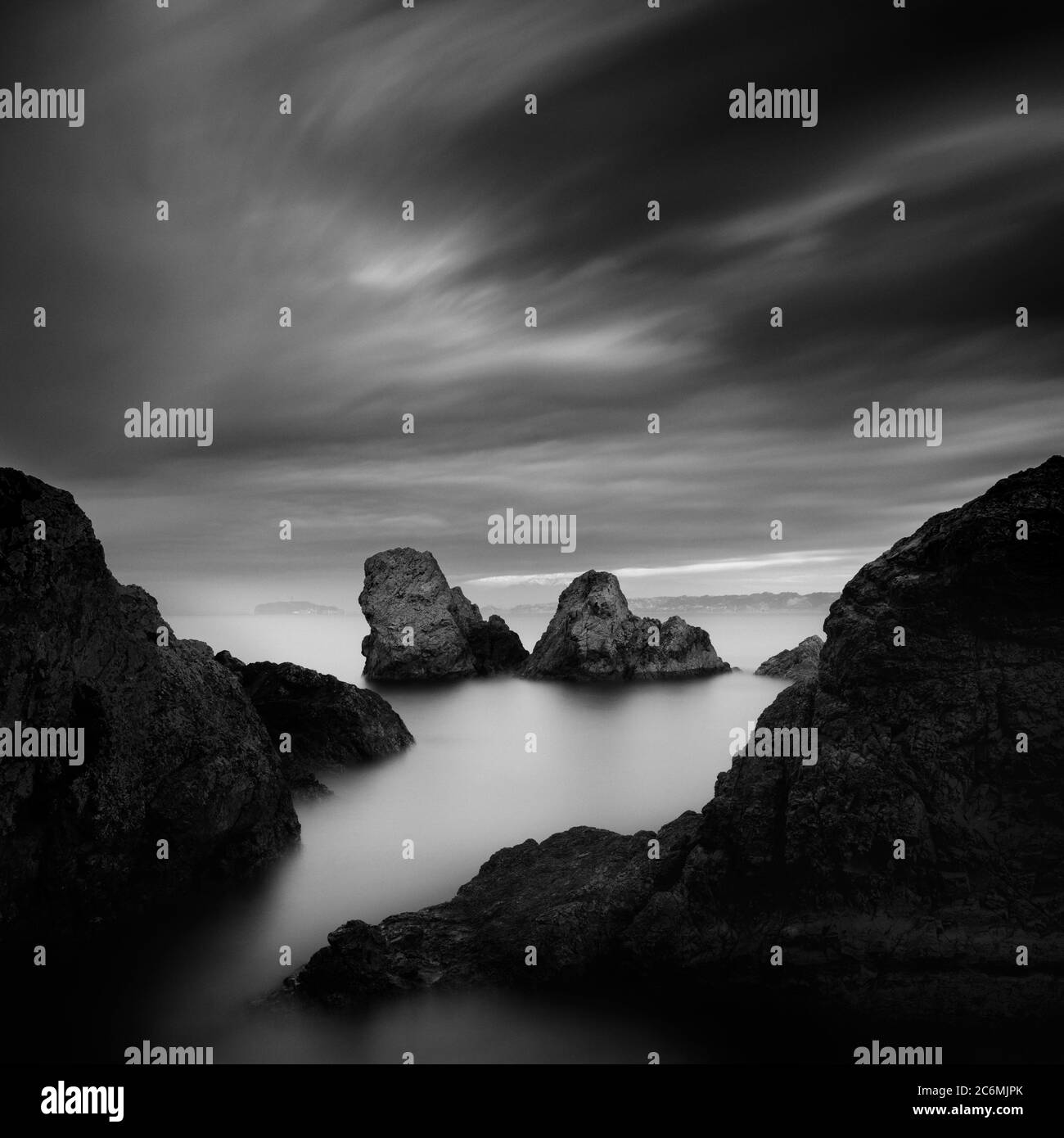Long exposure shot of sea stacks in the morning at Morito beach, Miura ...