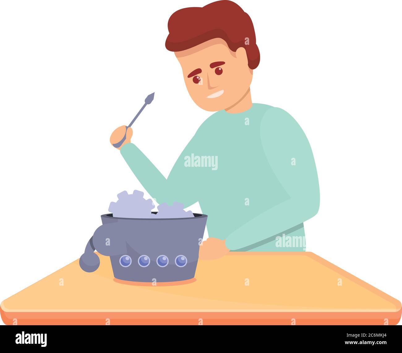 Boy programming robot icon. Cartoon of boy programming robot vector icon for web design isolated ...