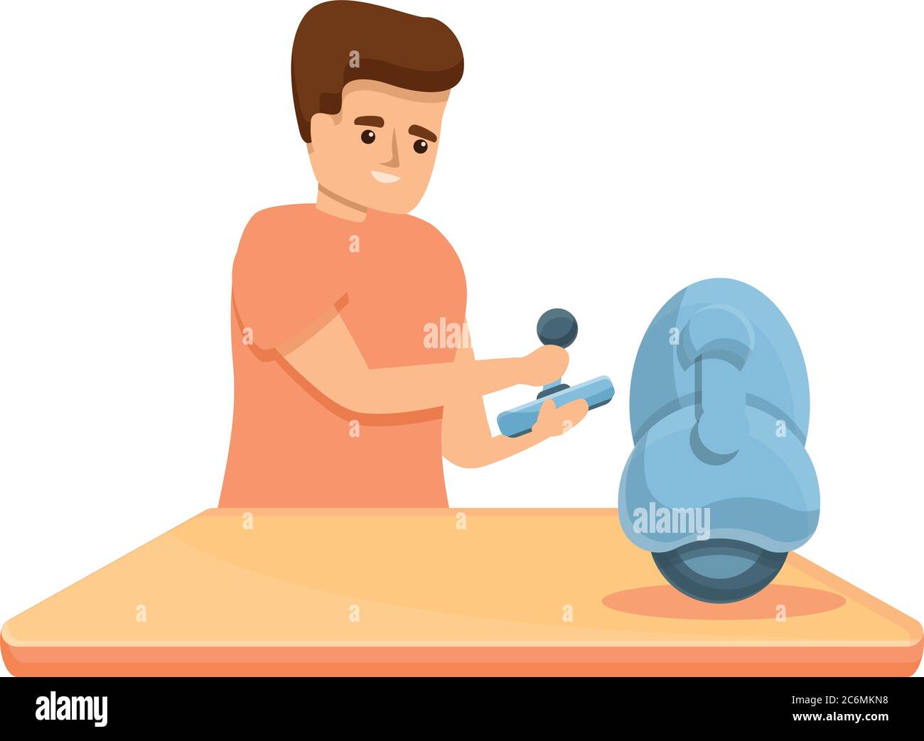 Boy programming one wheel robot icon. Cartoon of boy programming one wheel robot vector icon for ...