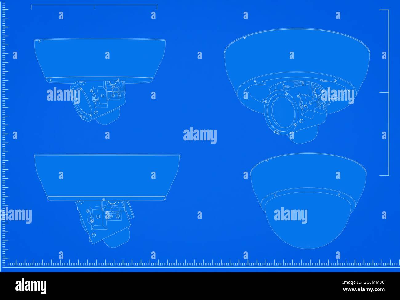 3d rendering security camera blueprint with scale on blue background ...