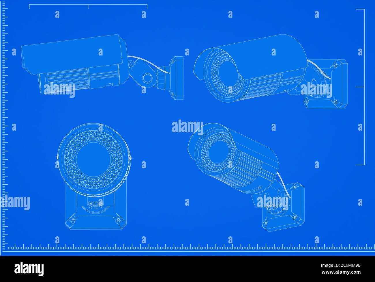3d rendering security camera blueprint with scale on blue background ...