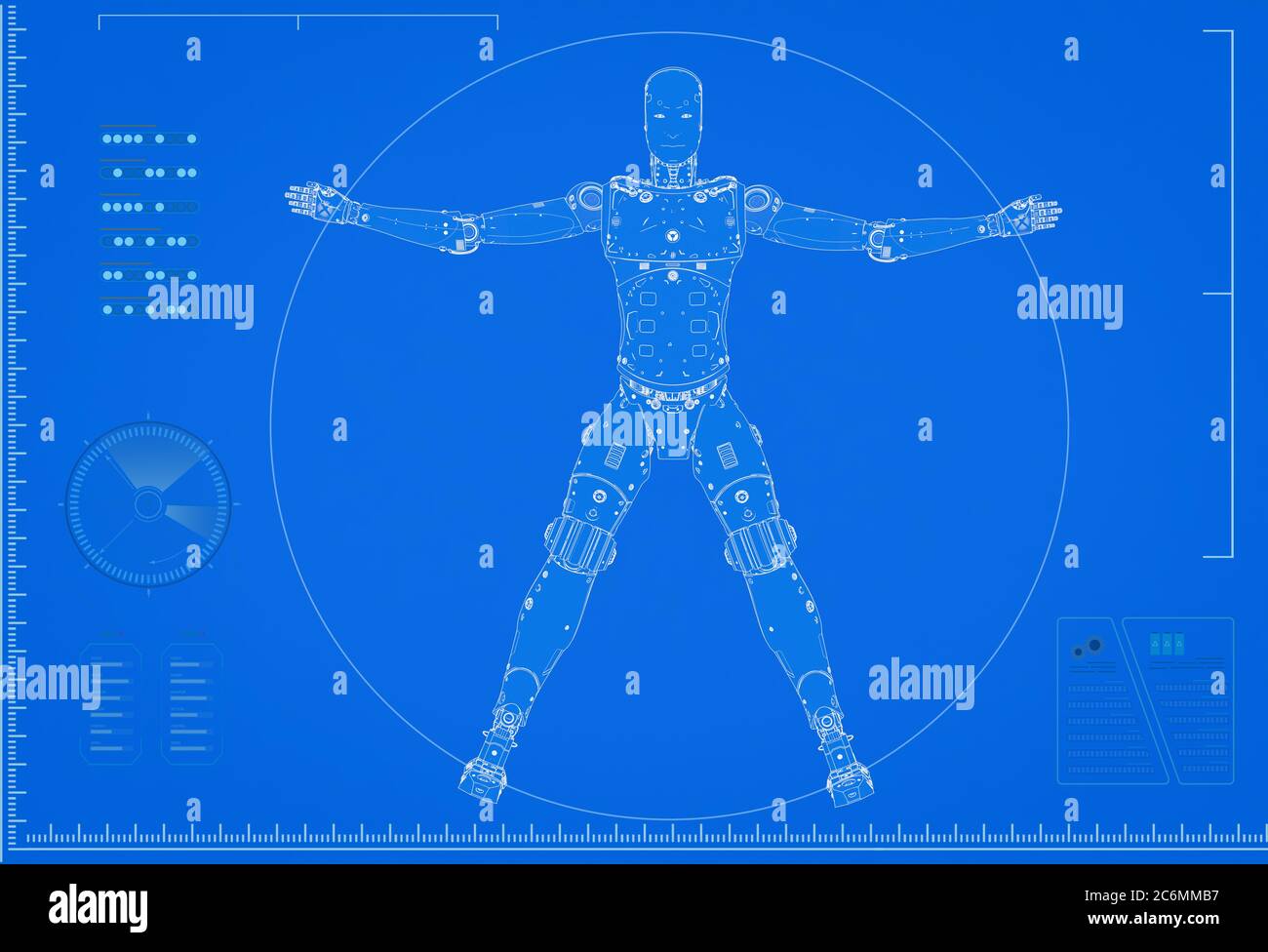 3d rendering cyborg or robot blueprint with scale on blue background ...