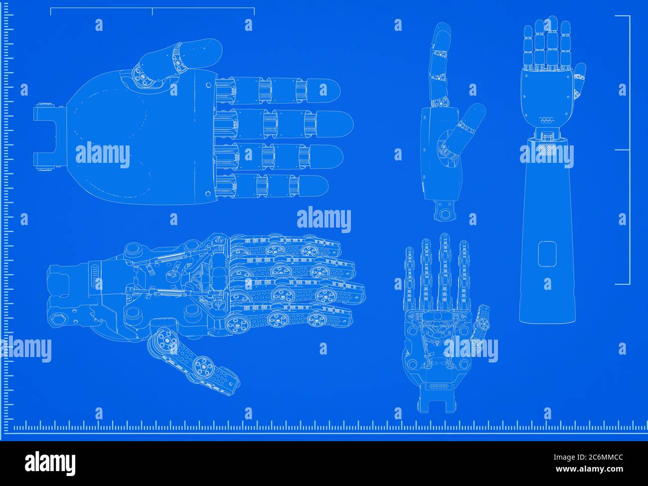 3d rendering cyborg hand blueprint with scale on blue background Stock ...