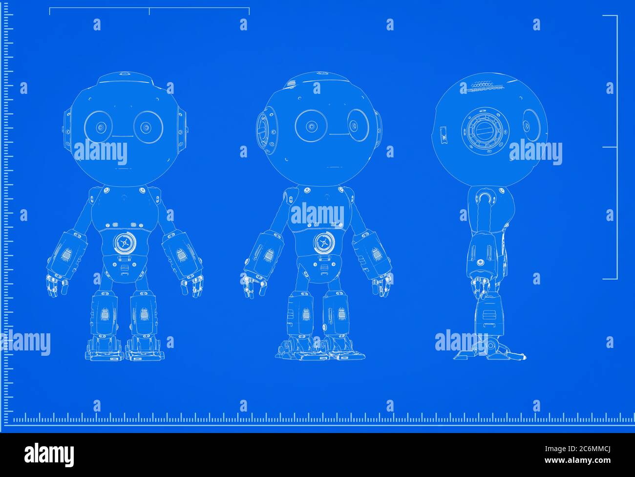 3d rendering artificial intelligence robot blueprint with scale on blue ...