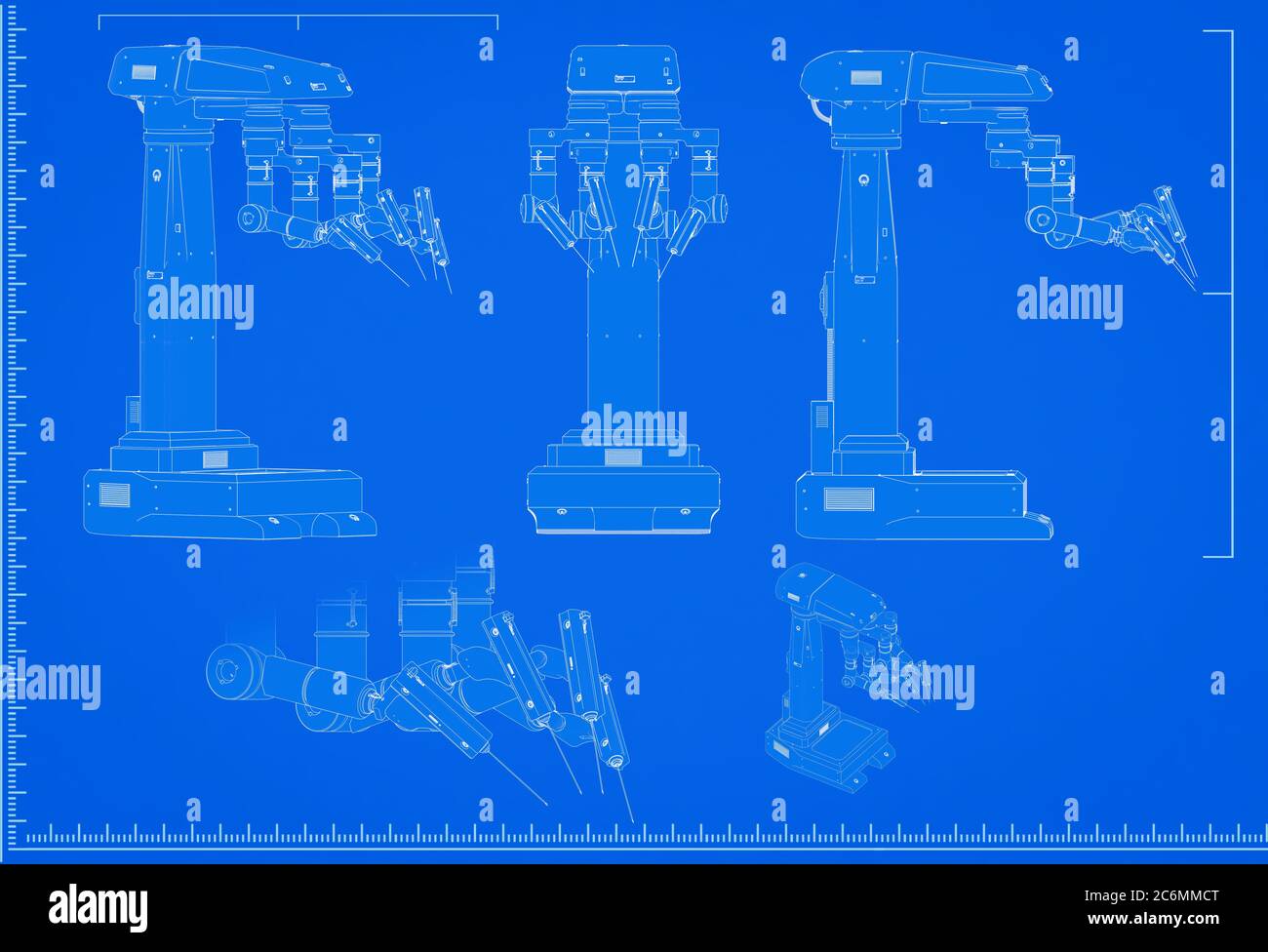 3d rendering robot surgery blueprint with scale on blue background Stock Photo - Alamy
