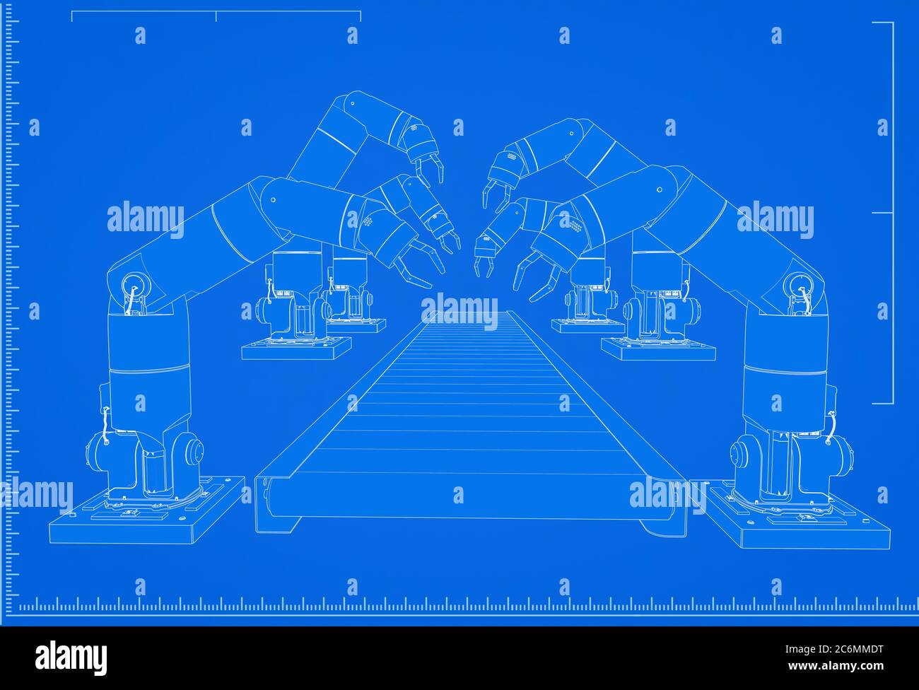 3d rendering robot assembly line blueprint with scale on blue ...