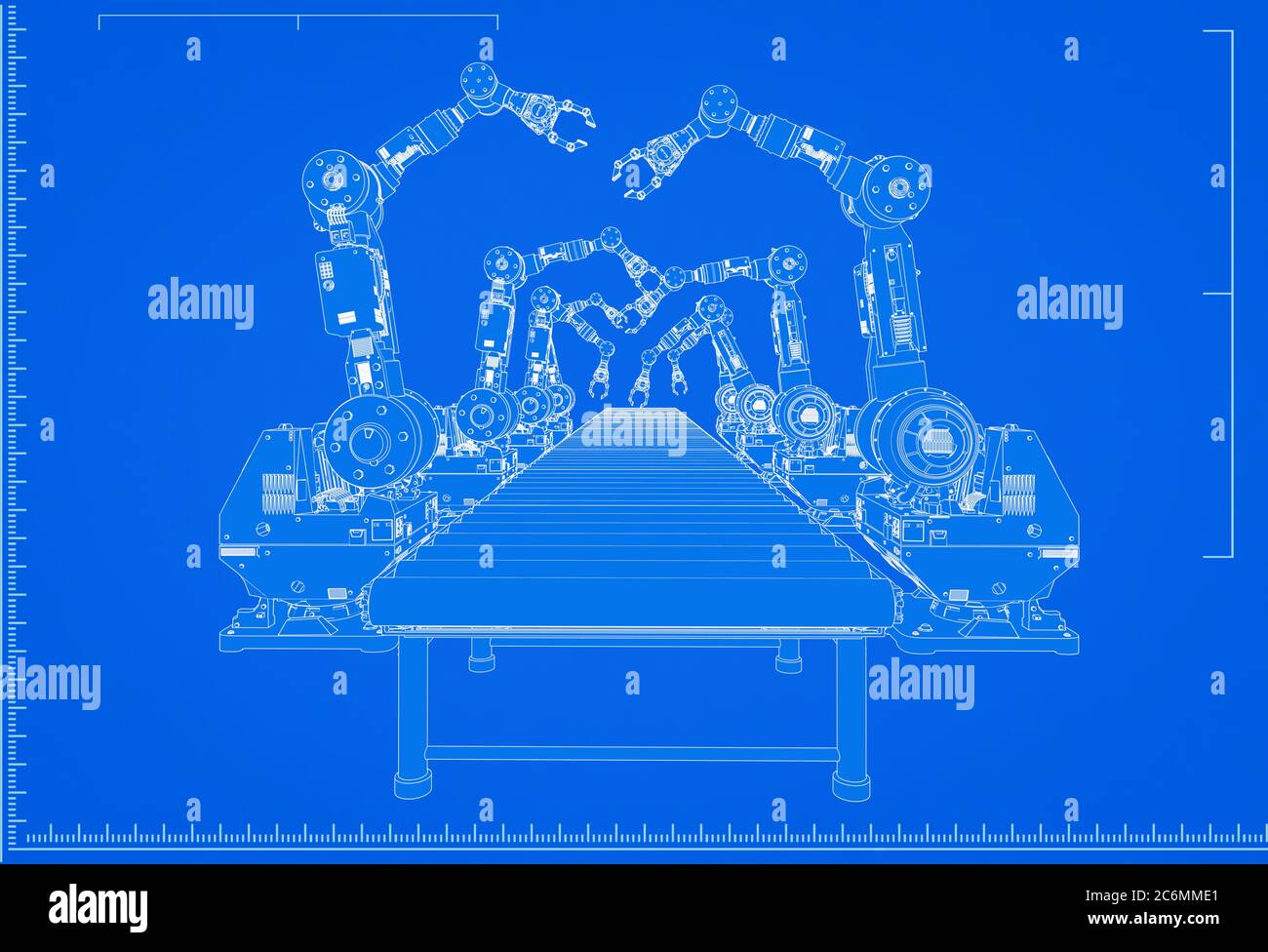 3d rendering robot assembly line blueprint with scale on blue ...