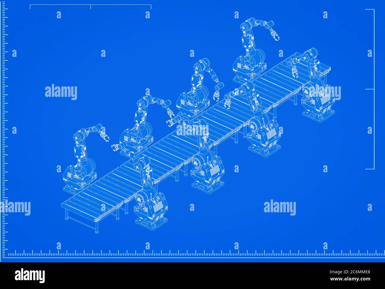 3d rendering robot assembly line blueprint with scale on blue ...