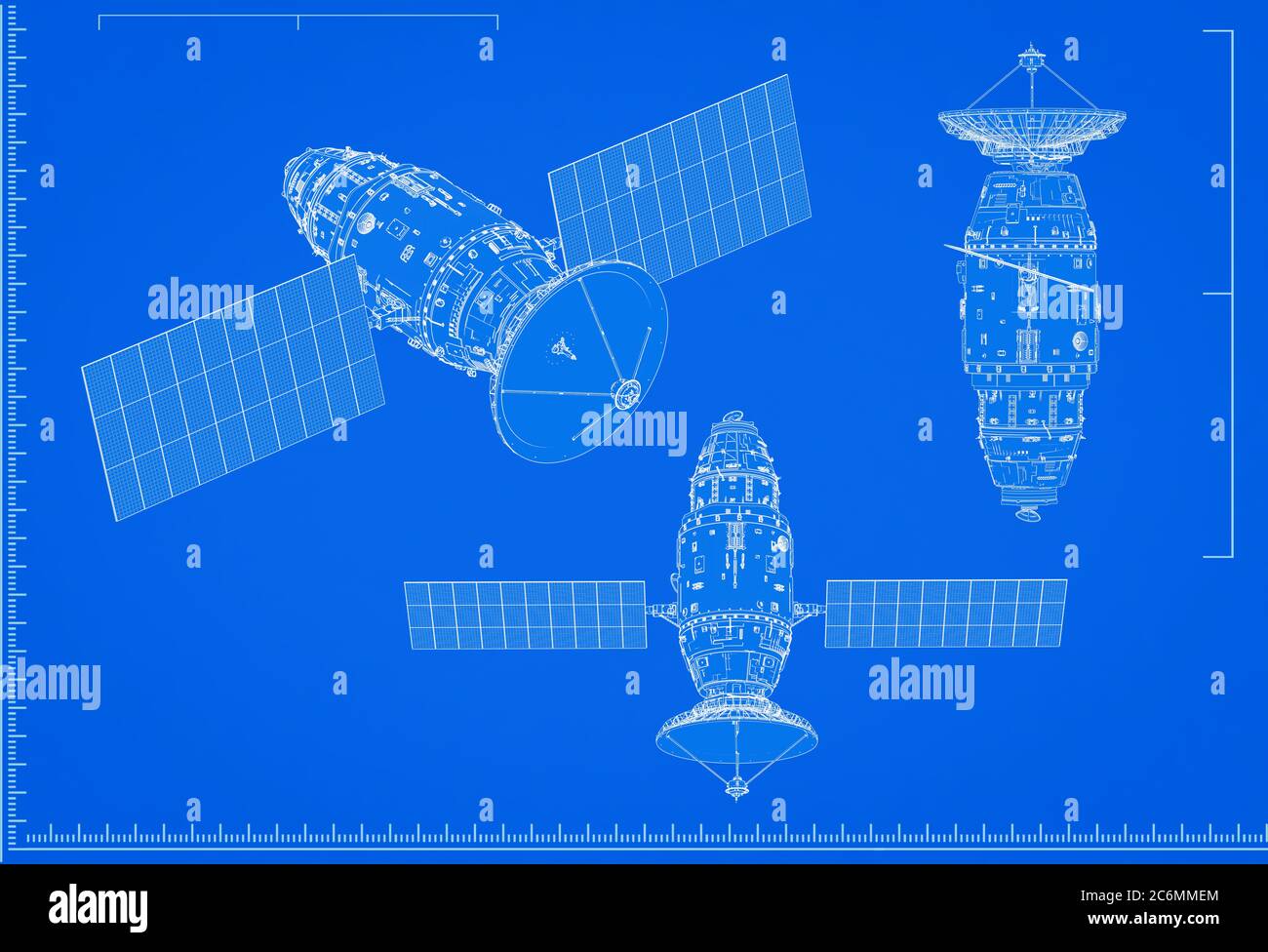 3d rendering satellite dish blueprint with scale on blue background ...