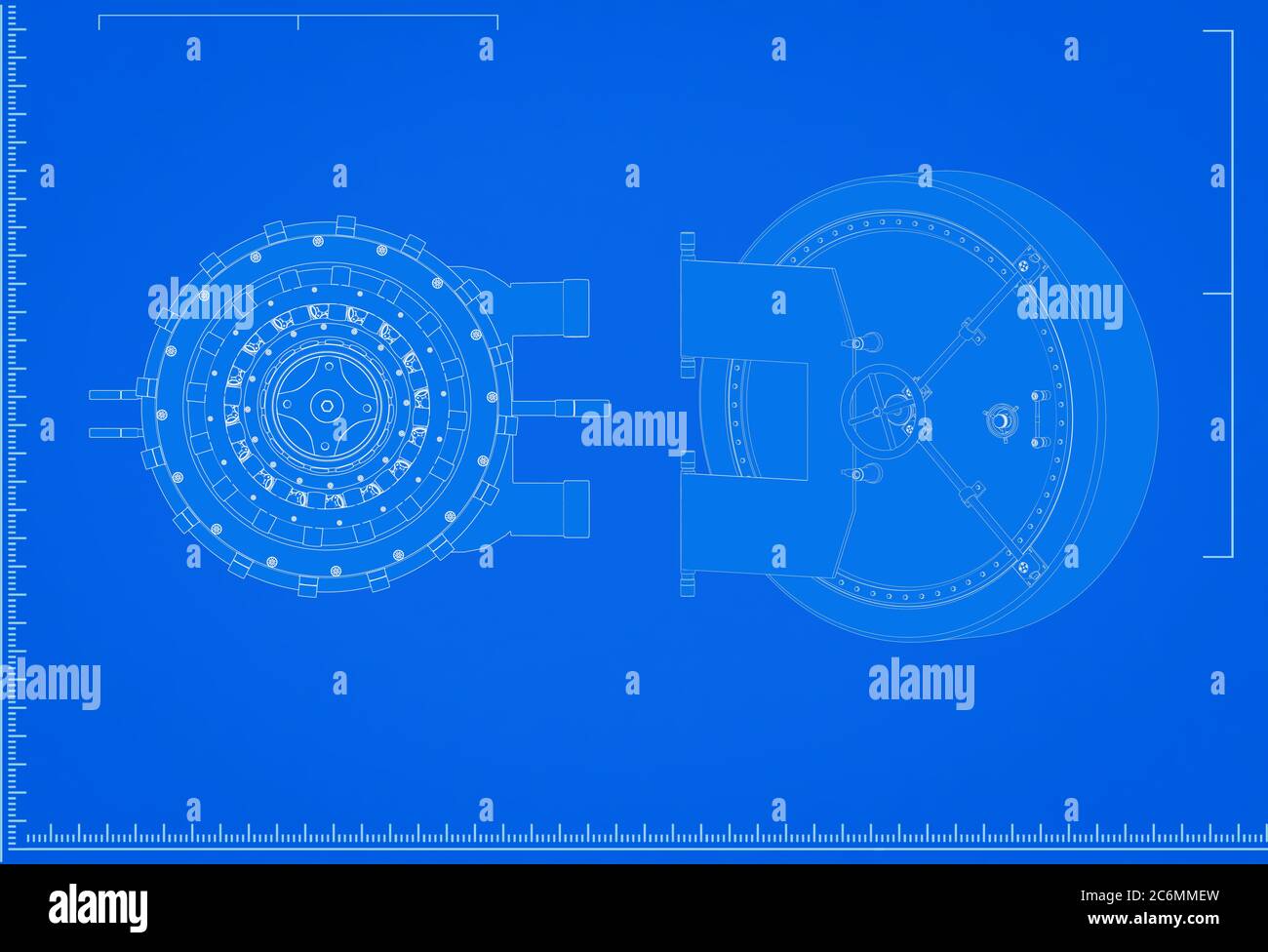 3d rendering bank vault blueprint with scale on blue background Stock ...