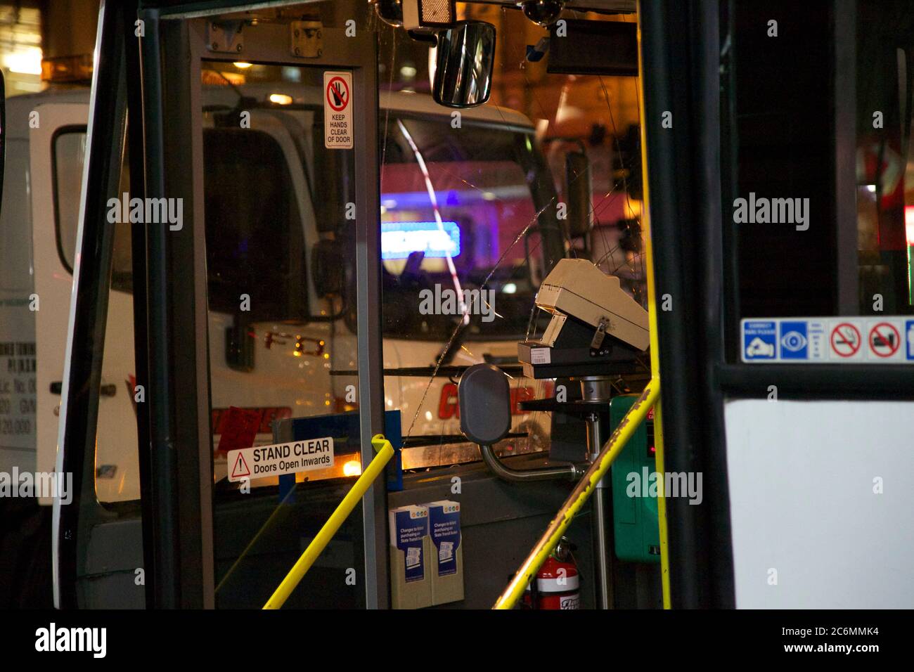 Damage to the front windscreen of a 470 bus heading in the direction of ...