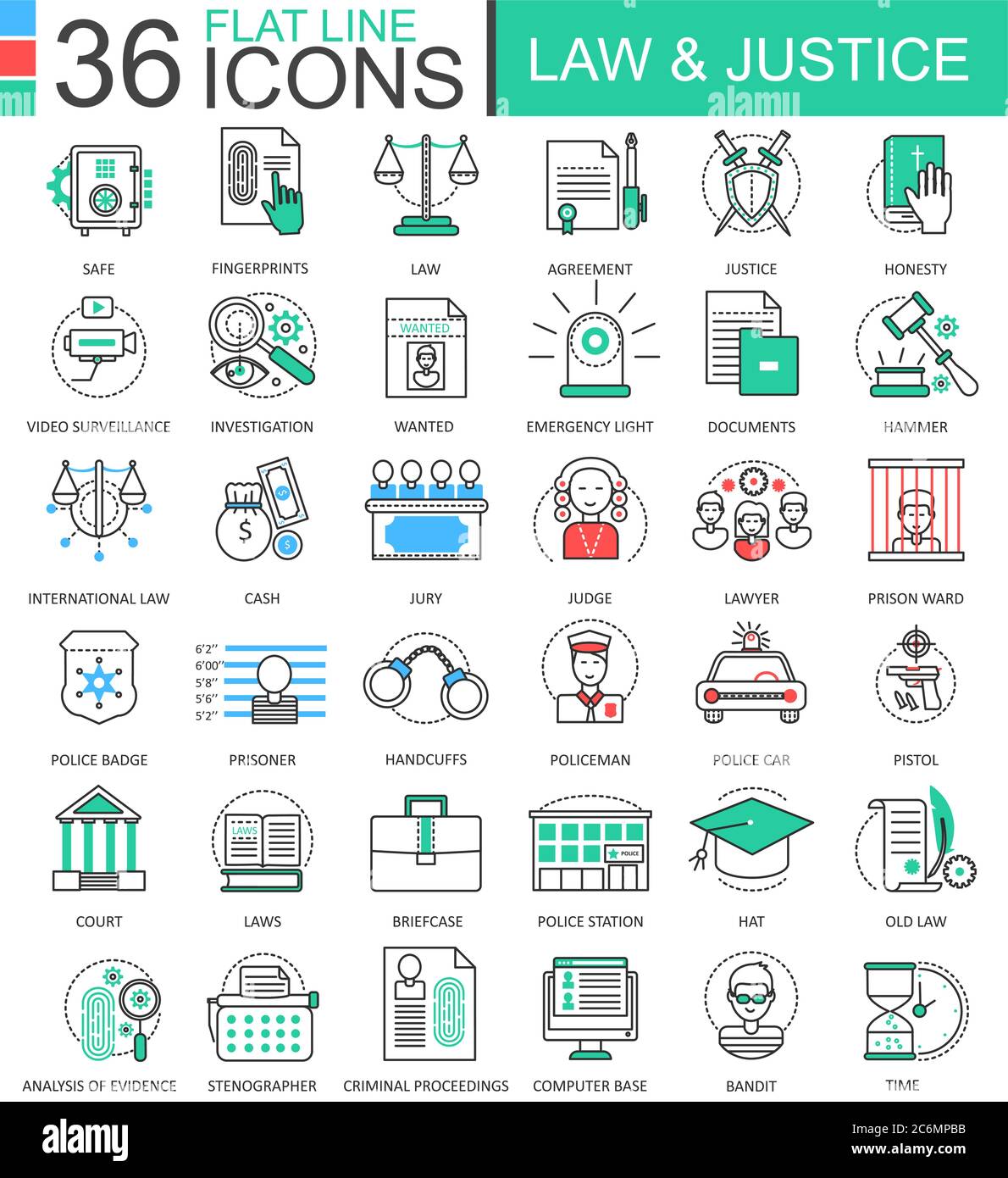 Vector Law and justice color flat line outline icons for apps and web ...
