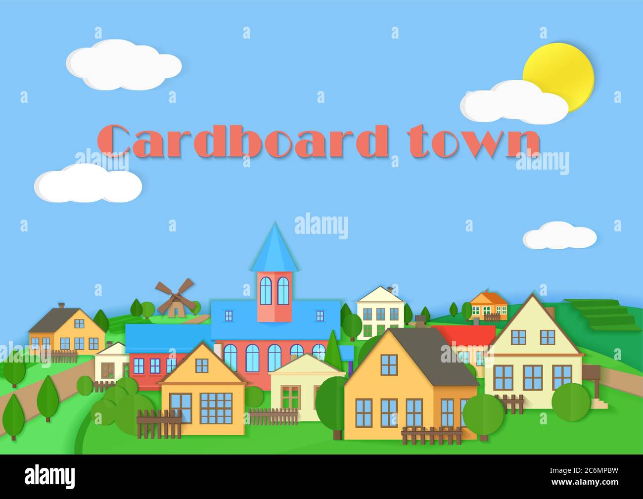 Old town cardboard village landscape. Paper color style village vector ...