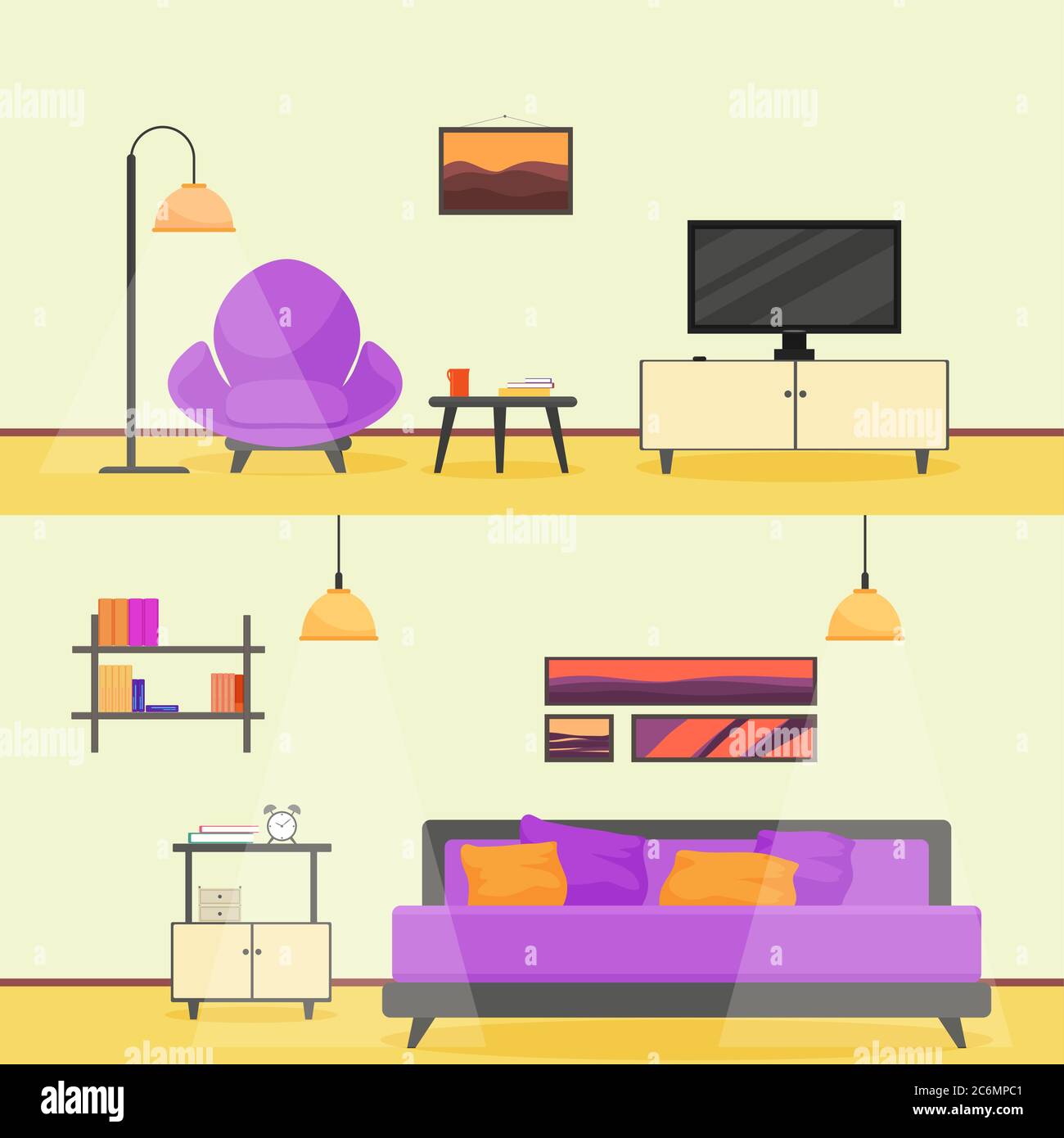Colorful flat style modern livingroom interior illustration Stock ...