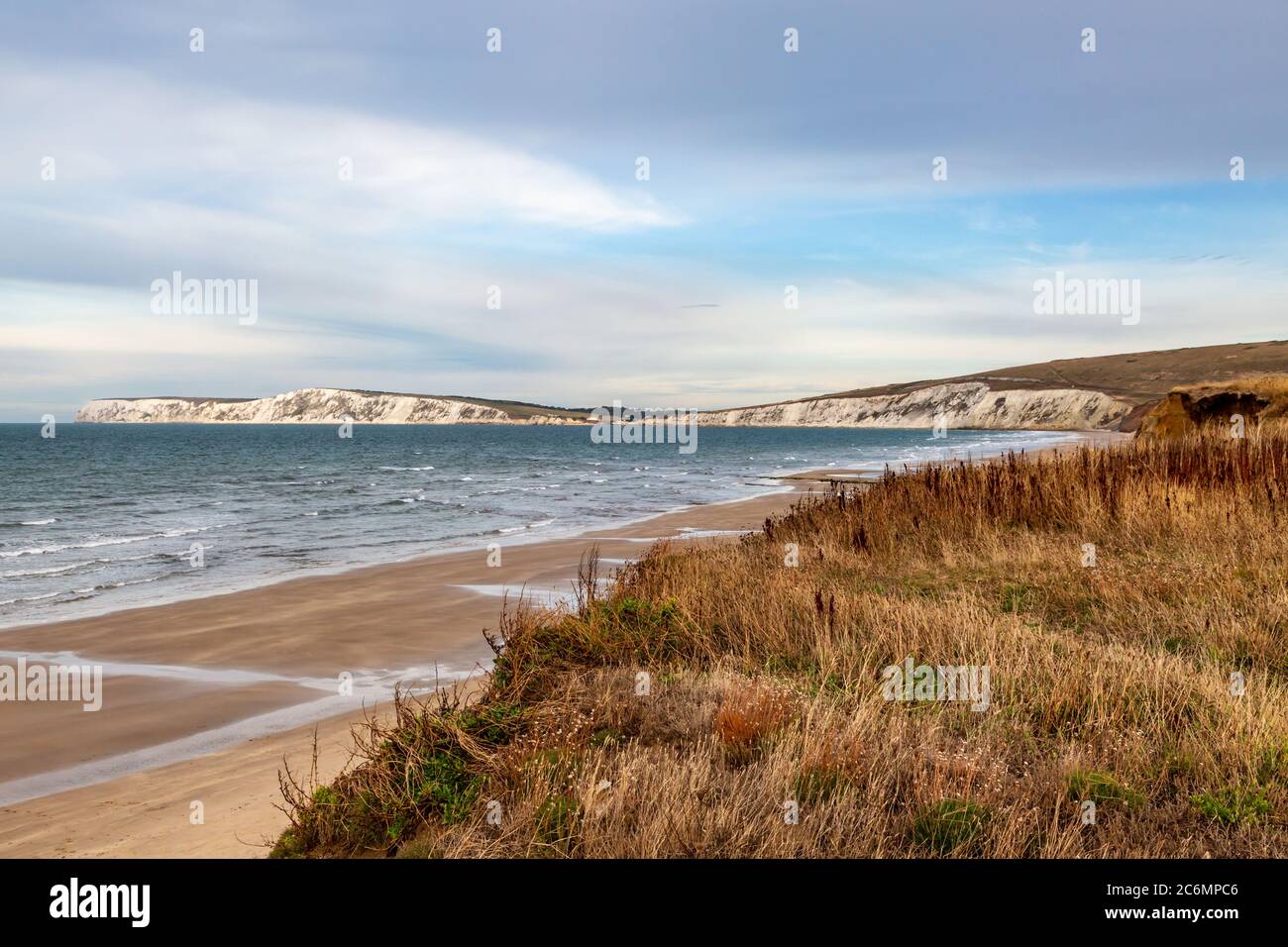 Looking out over Compton Bay beach towards the chalk cliffs at ...