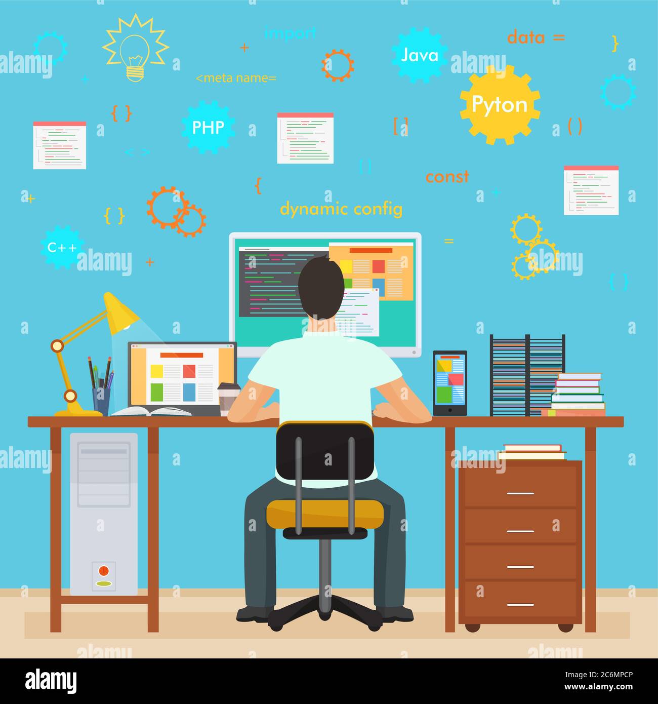 Man Programmer Back Working On His Pc Computer Programming And Coding Office Interior