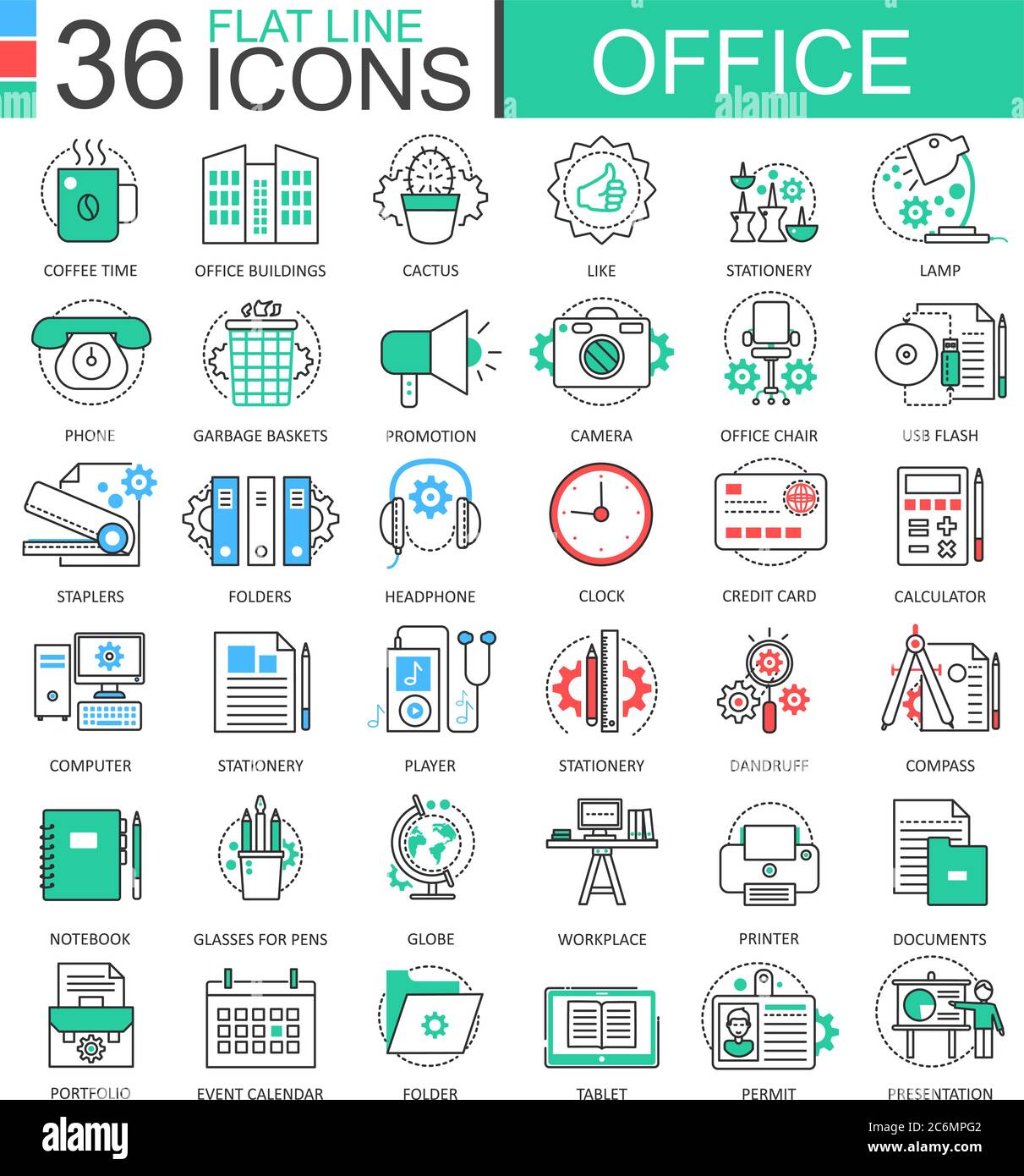 Vector Office modern color flat line outline icons for apps and web ...