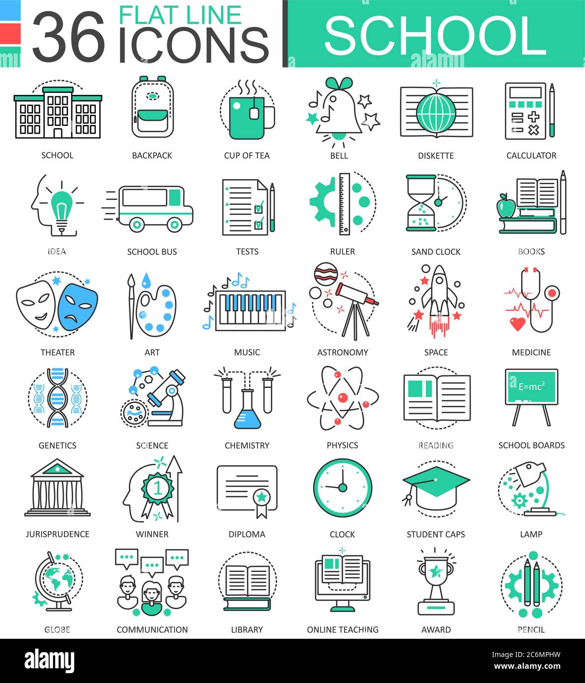 Vector School color flat line outline icons for apps and web design ...
