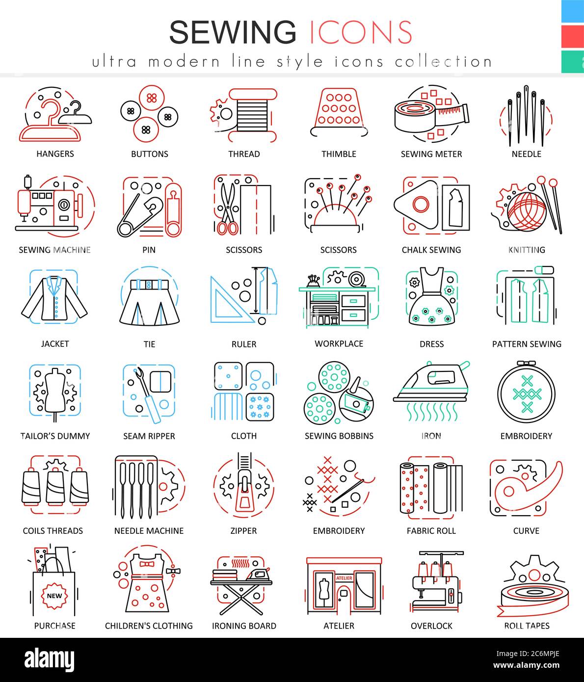 Vector Sewing color line outline icons for apps and web design. Sewing ...