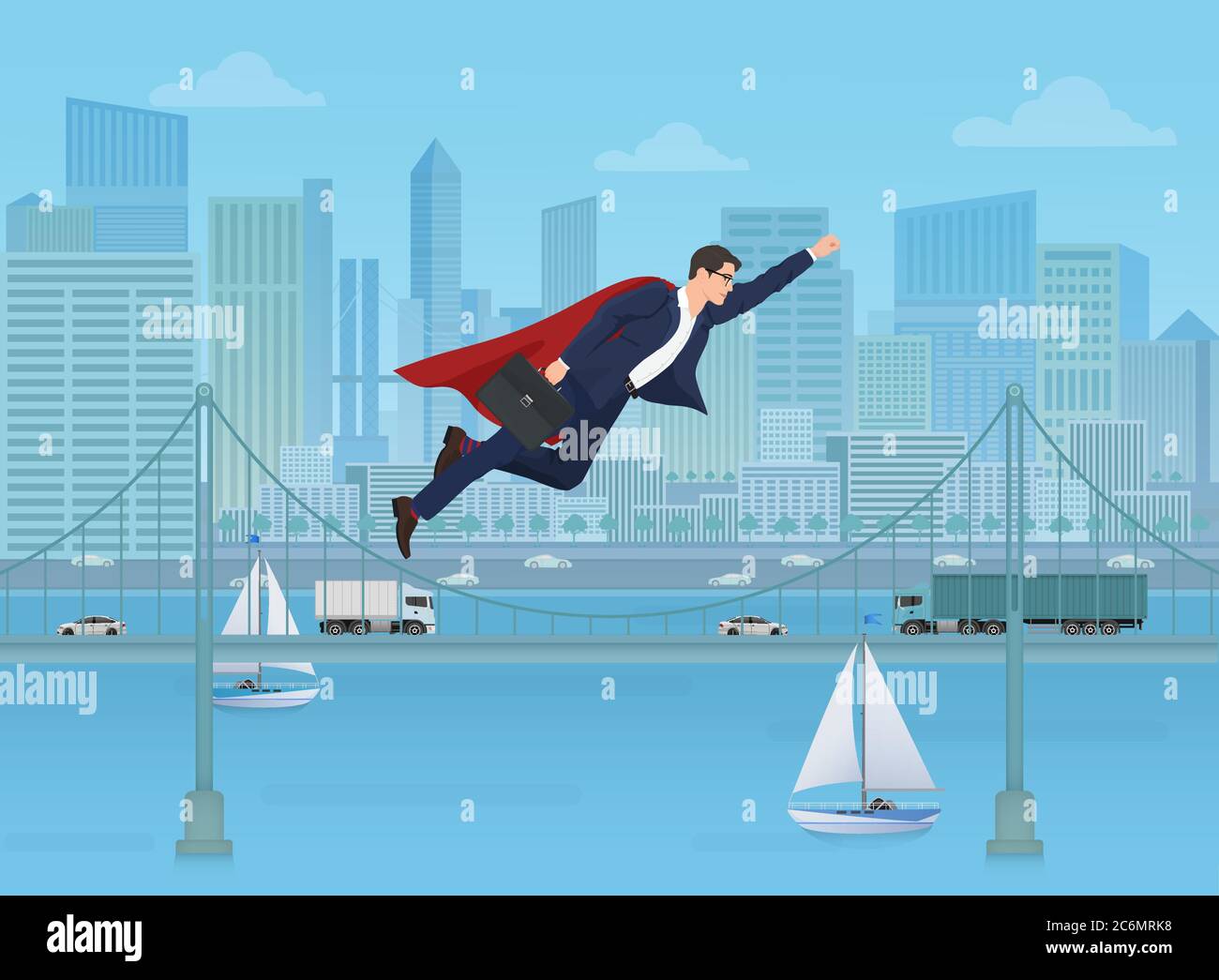 Super businessman dressed as a super hero flying over modern city ...