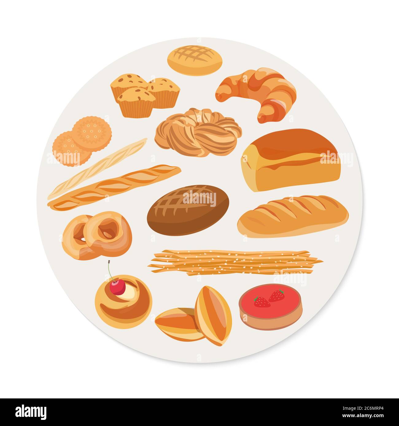 Circle shape with various pastries and bakery products in flat style ...