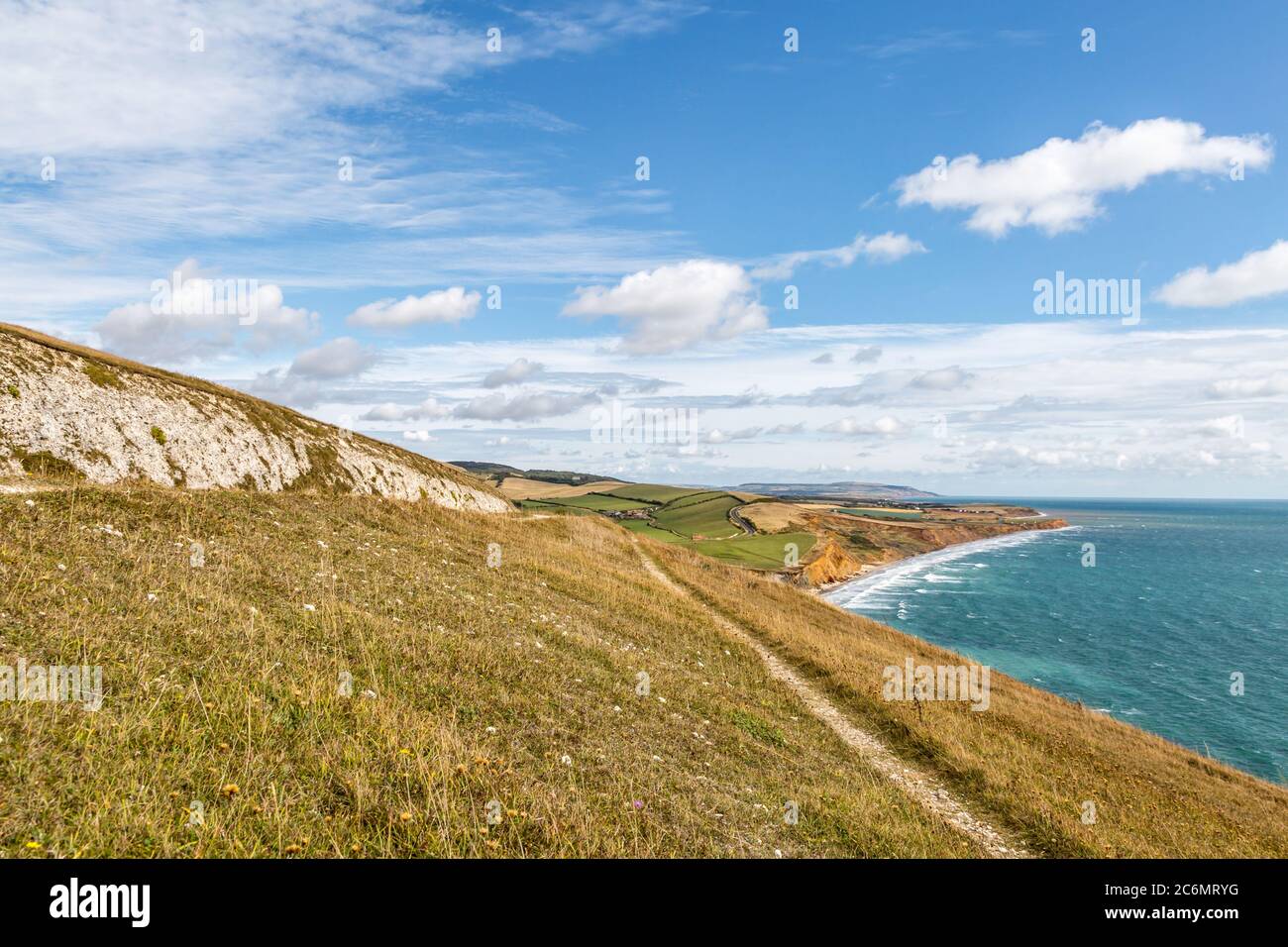 Looking along a coastal path on the Isle of Wight, with Compton Bay ...