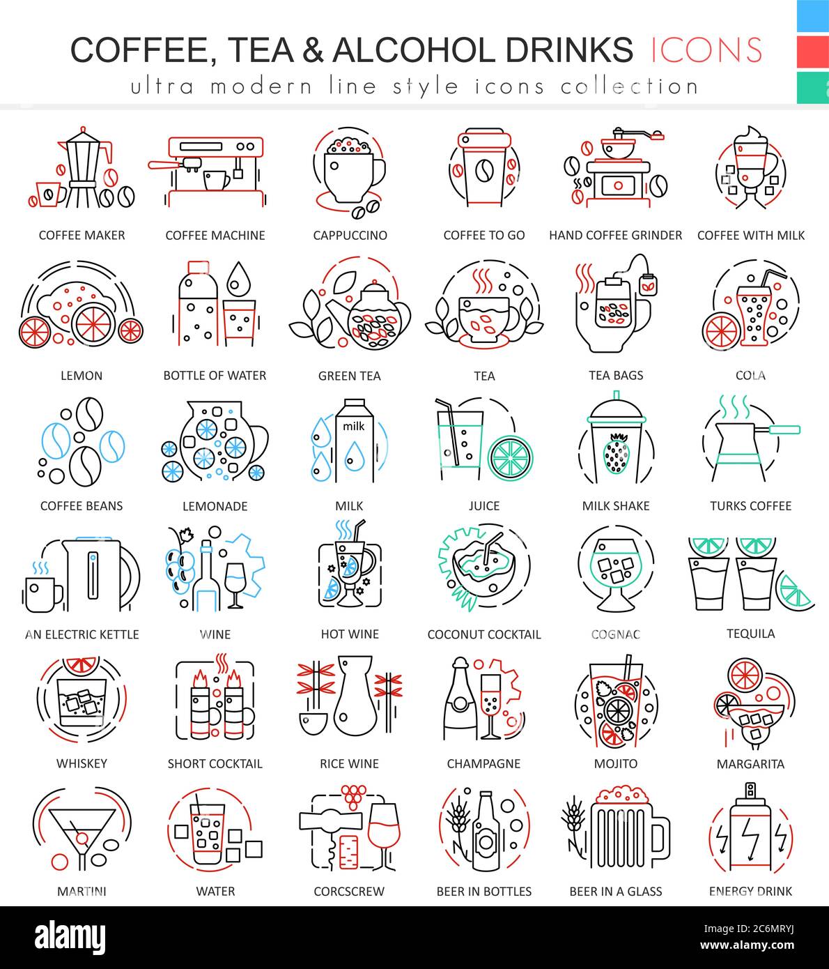 Vector coffee tea alcohol drinks color line outline icons for apps and ...