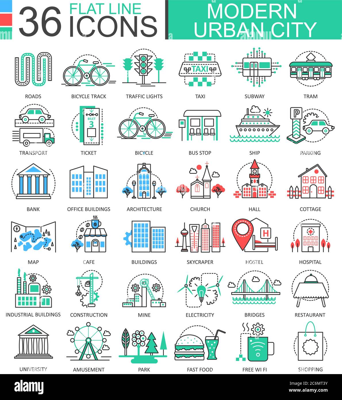 Vector Modern City Color Flat Line Outline Icons For Apps And Web Design Urban City Elements