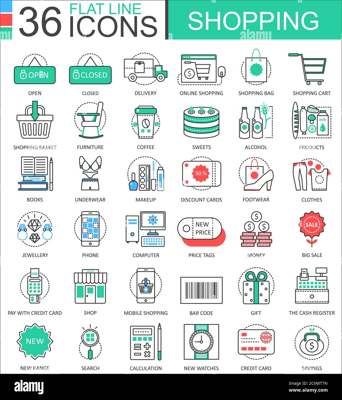 Vector Shopping e-commerce color flat line outline icons for apps and ...