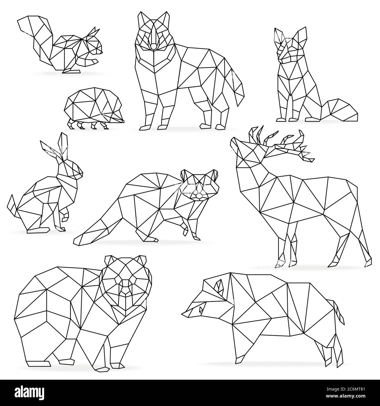 Low poly line animals set. Origami poligonal line animals. Wolf bear ...
