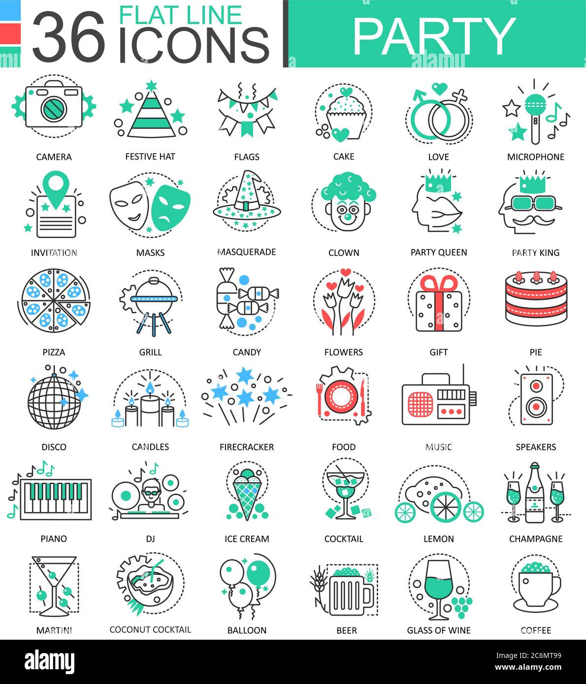 Vector Party club color flat line outline icons for apps and web design ...