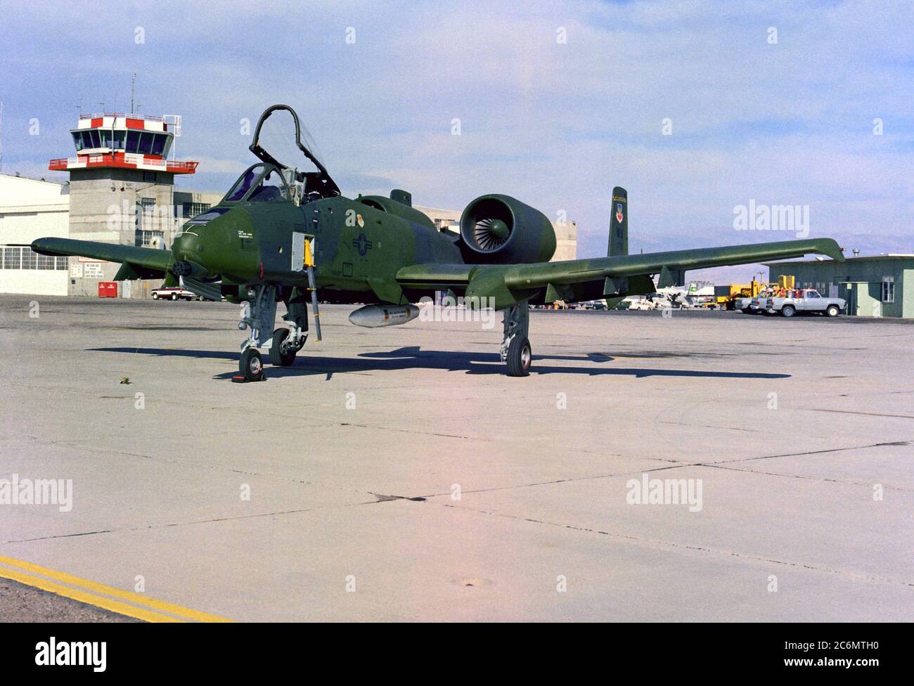 A left front ground view of an A-10A Thunderbolt II aircraft on the ...