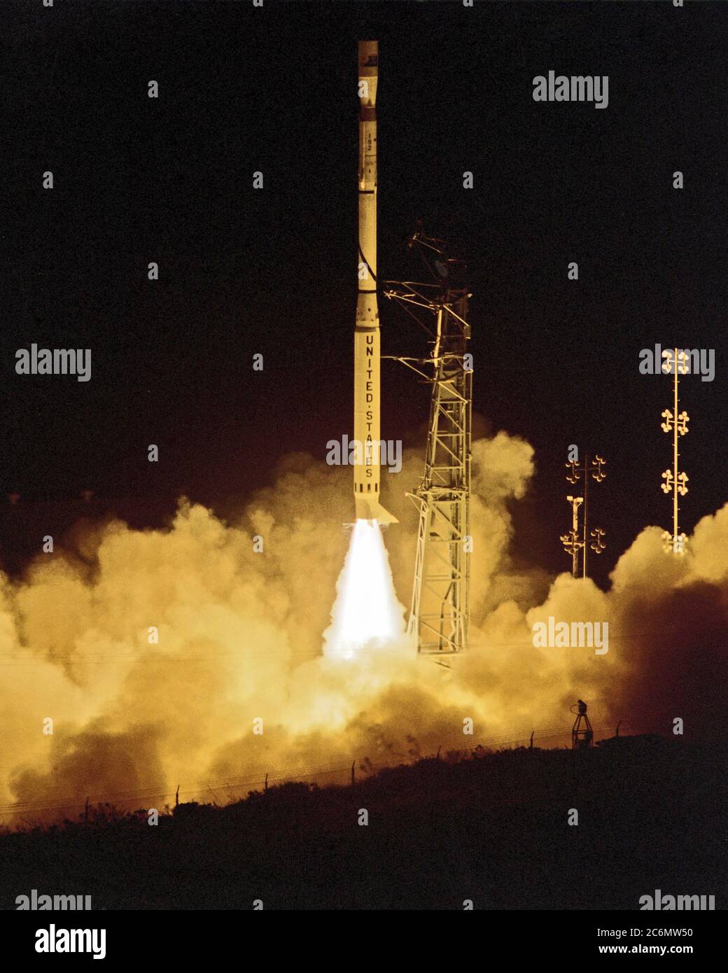 Night view of a Scout missile during launch Stock Photo - Alamy