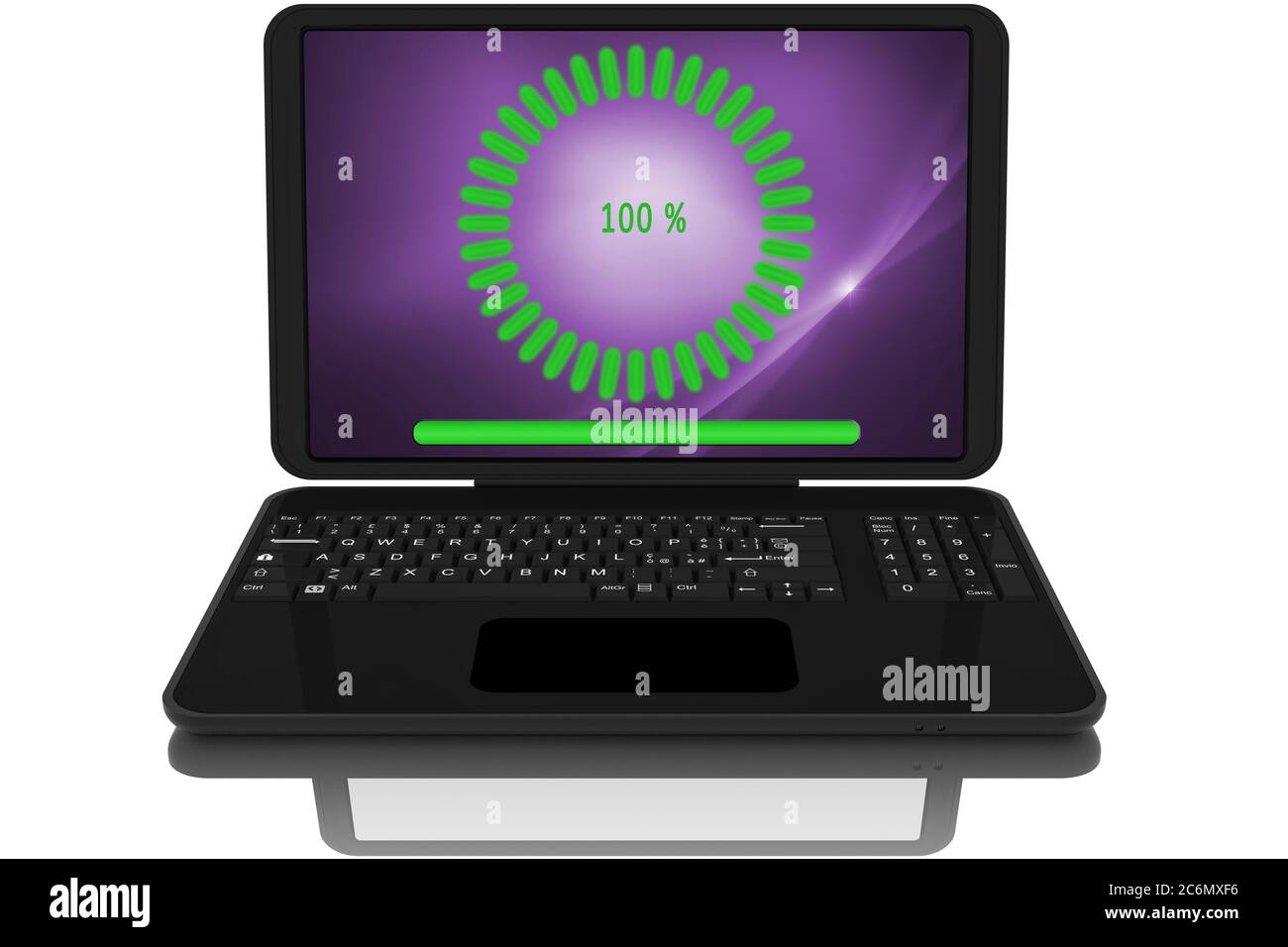 3D illustration. Open laptop computer with file download symbol Stock ...