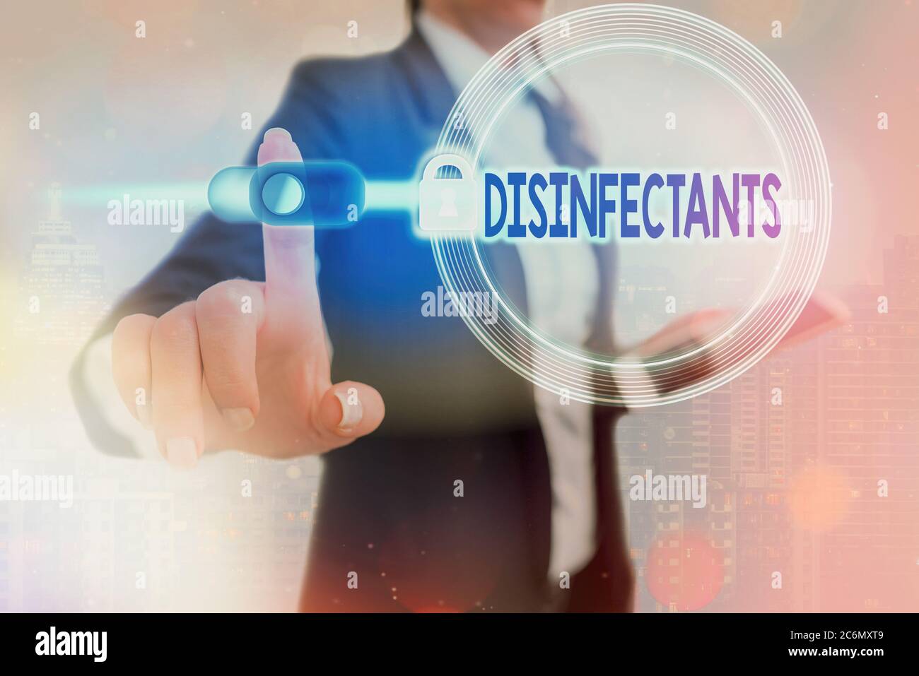 Conceptual hand writing showing Disinfectants. Concept meaning chemical ...