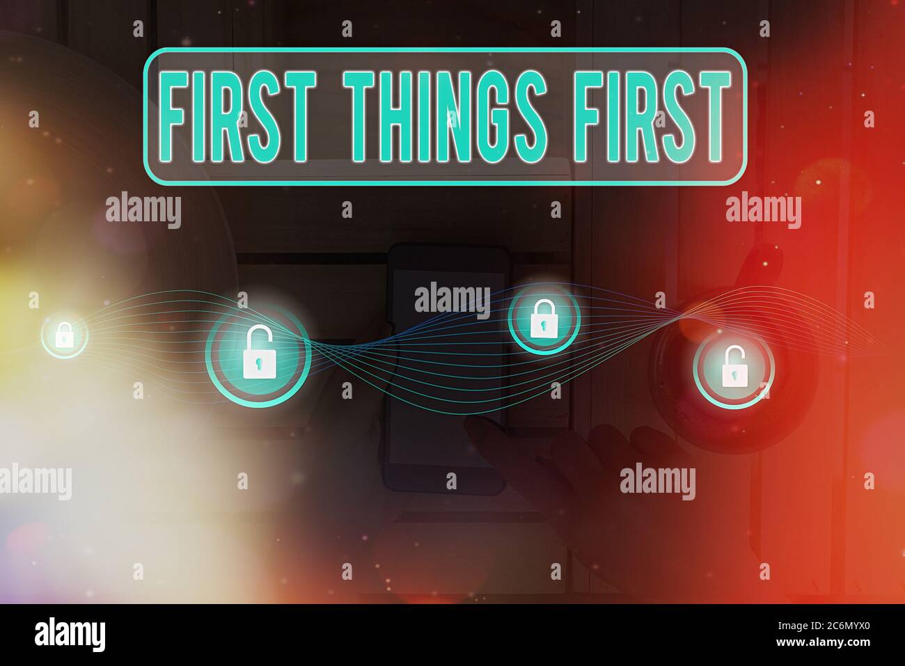 Writing note showing First Things First. Business concept for Business ...