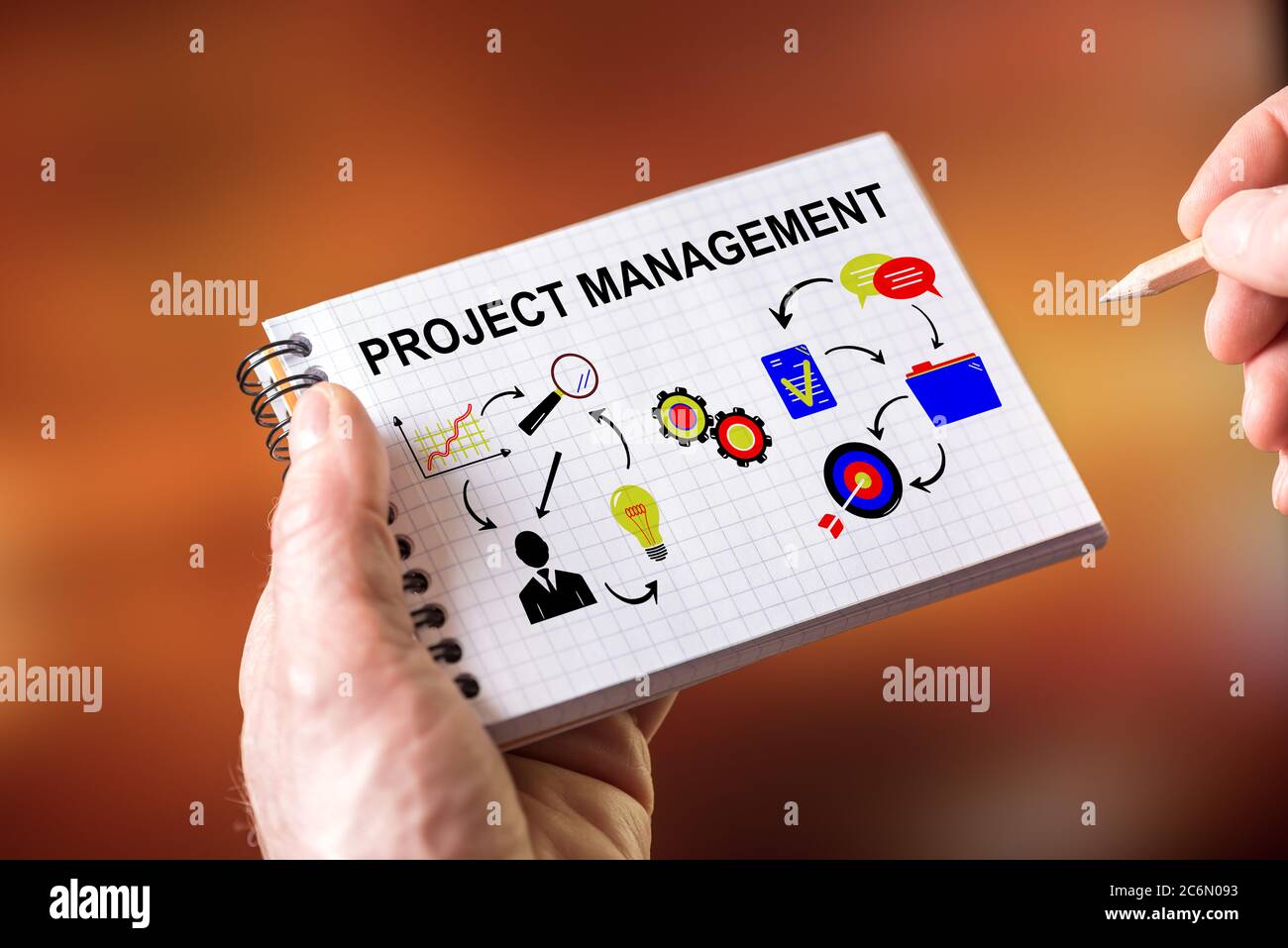 Hand drawing project management concept on a notepad Stock Photo - Alamy