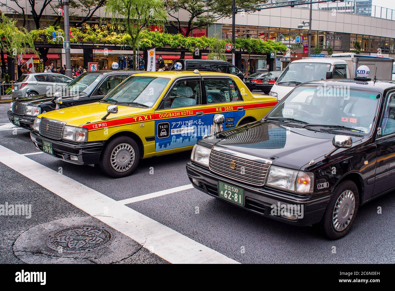 Tokyo / Japan - October 20, 2017: Taxi cars on the road in central ...