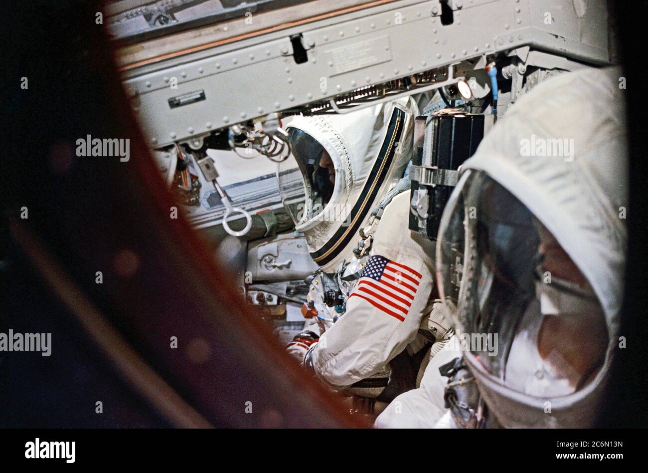 Astronauts Frank Borman (foreground), command pilot, and James Lovell ...