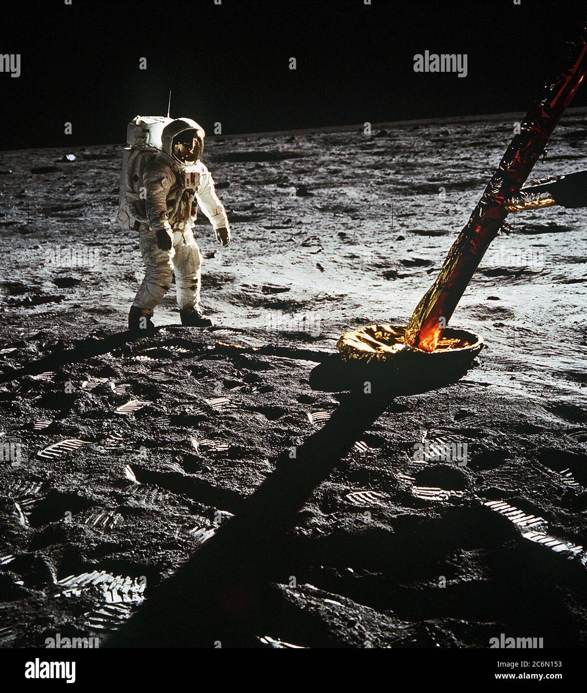 Astronaut Edwin E. Aldrin Jr., lunar module pilot, walks on the surface ...