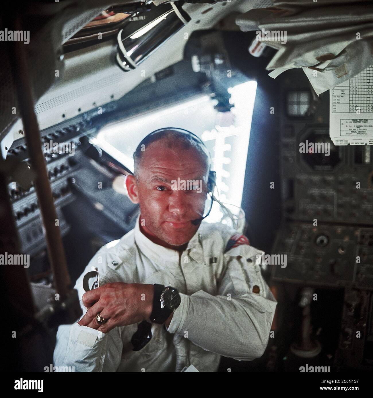 This interior view of the Apollo 11 Lunar Module (LM) shows astronaut Edwin E. Aldrin Jr., lunar ...