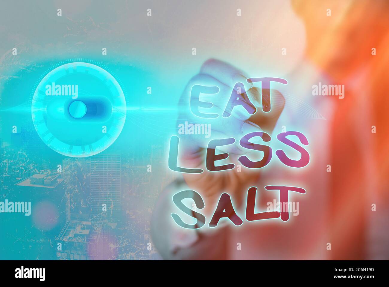 Writing note showing Eat Less Salt. Business concept for reducing the ...